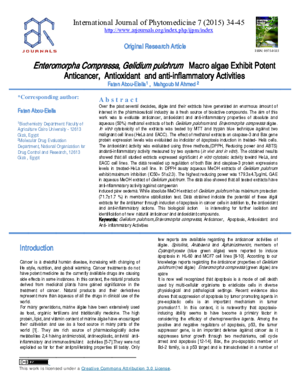 (PDF) Enteromorpha compressa and Gelidium pulchrum Macro algae exhibit ...