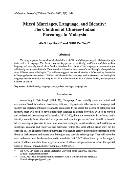(PDF) Mixed marriages, language, and identity: the children of Chinese ...