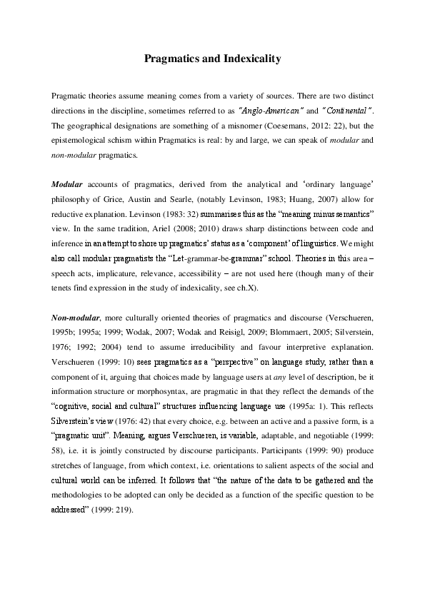 (PDF) Pragmatics and Indexicality - A very short overview