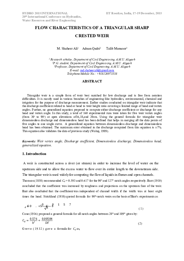 (PDF) FLOW CHARACTERISTICS OF A TRIANGULAR SHARP CRESTED WEIR
