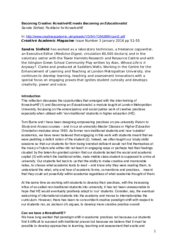 (DOC) Becoming Creative: #creativeHE meets Becoming an Educationalist