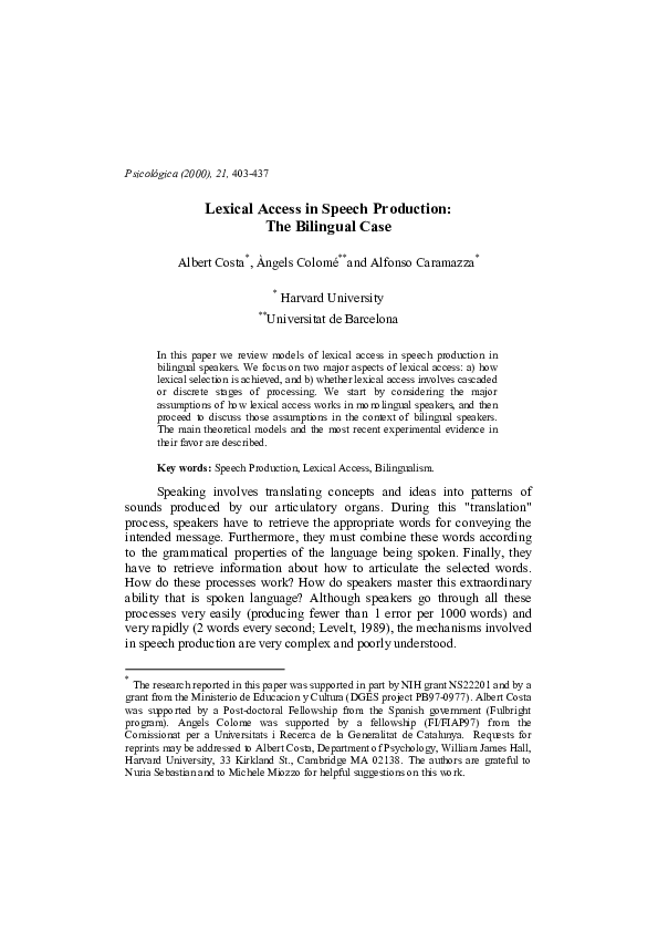 (PDF) Lexical Access in Speech Production