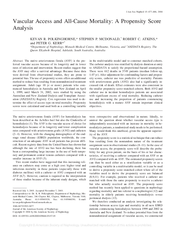 (PDF) Vascular Access and All-Cause Mortality: A Propensity Score Analysis