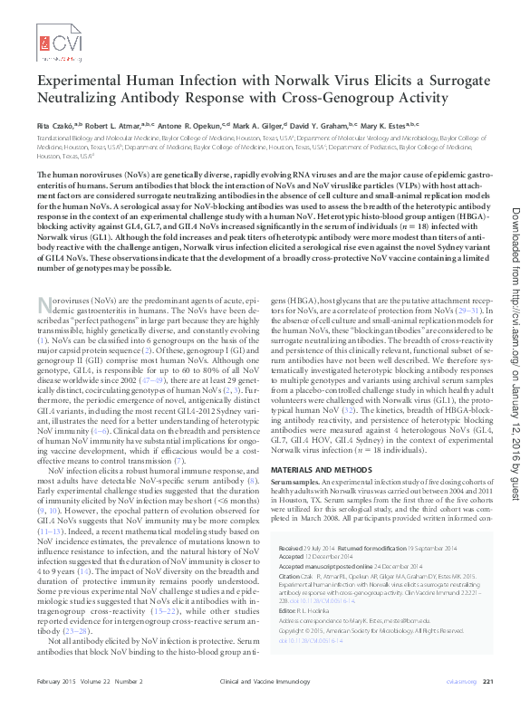 (PDF) Experimental Human Infection with Norwalk Virus Elicits a ...