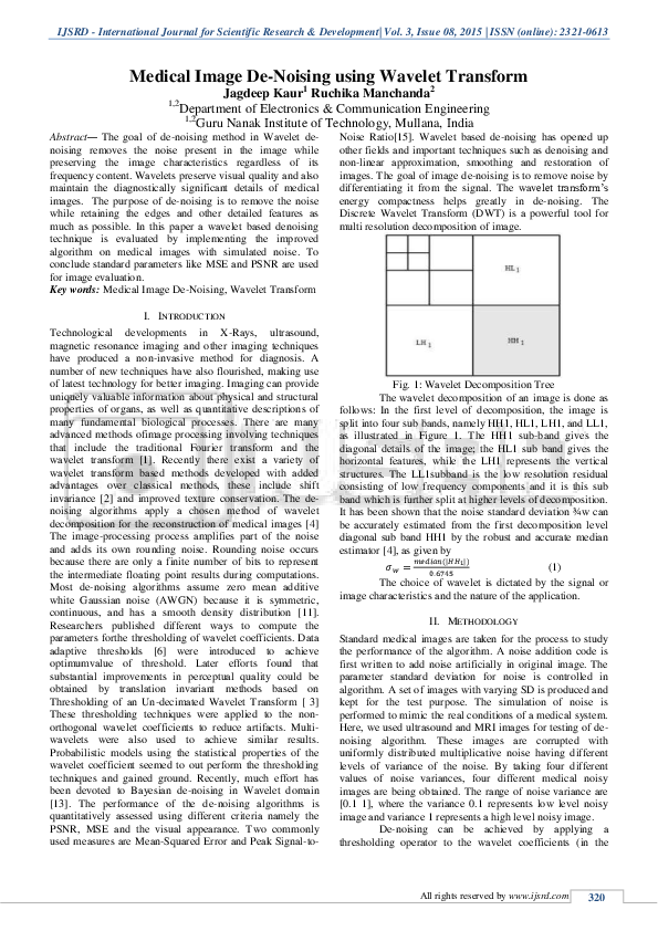 (PDF) Medical Image De-Noising Using Wavelet Transform