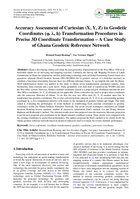 Pdf Accuracy Assessment Of Cartesian X Y Z To Geodetic