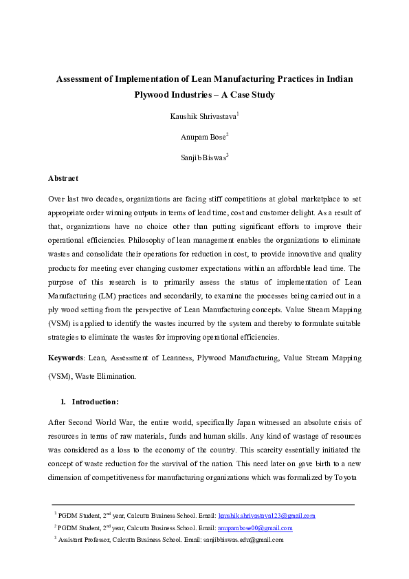 (PDF) Assessment of Implementation of Lean Manufacturing Practices in Indian Plywood Industries ...