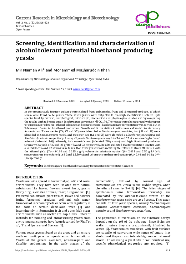 (PDF) Screening, identification and characterization of alcohol tolerant potential bioethanol ...