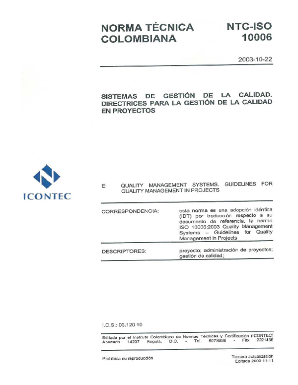 (PDF) NTC-ISO 10006:2003 Sistemas de Gestión de la Calidad. Directrices para la Gestión de la ...