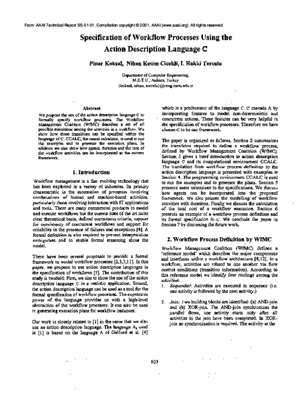 Pdf Specification Of Workflow Processes Using The Action Description Language C