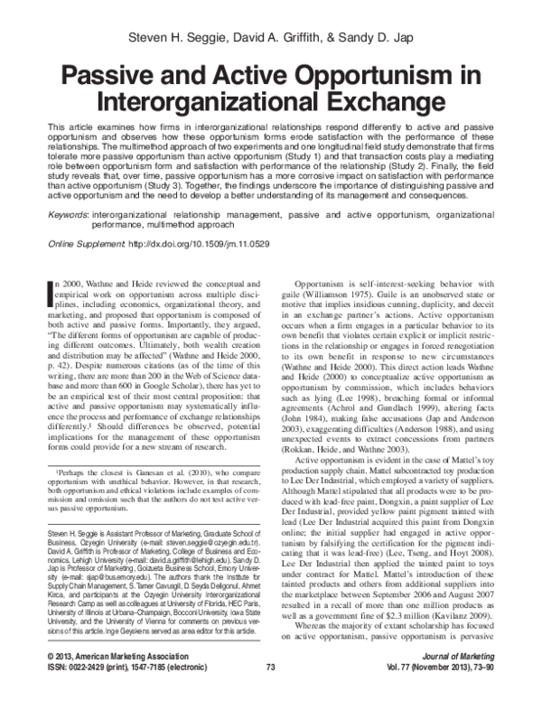 (PDF) Passive and Active Opportunism in Interorganizational Exchange