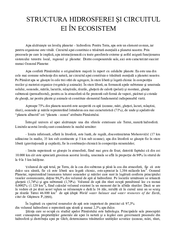 (DOC) Structura hidrosferei si circuitul ei in ecosistem