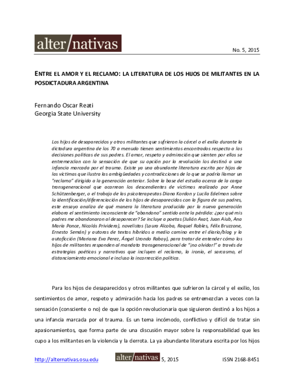 (PDF) Entre el amor y el reclamo: La literatura de los hijos de ...
