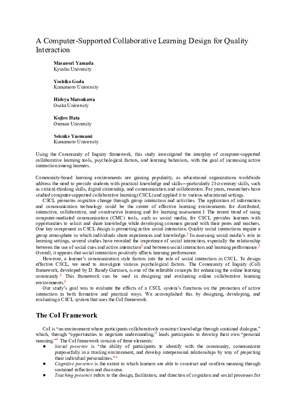 (PDF) A Computer-Supported Collaborative Learning Design for Quality Interaction | Masanori ...