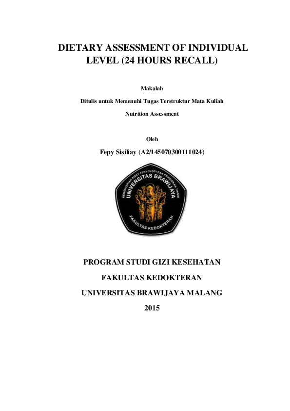 (PDF) DIETARY ASSESSMENT OF INDIVIDUAL LEVEL (24 HOURS RECALL)