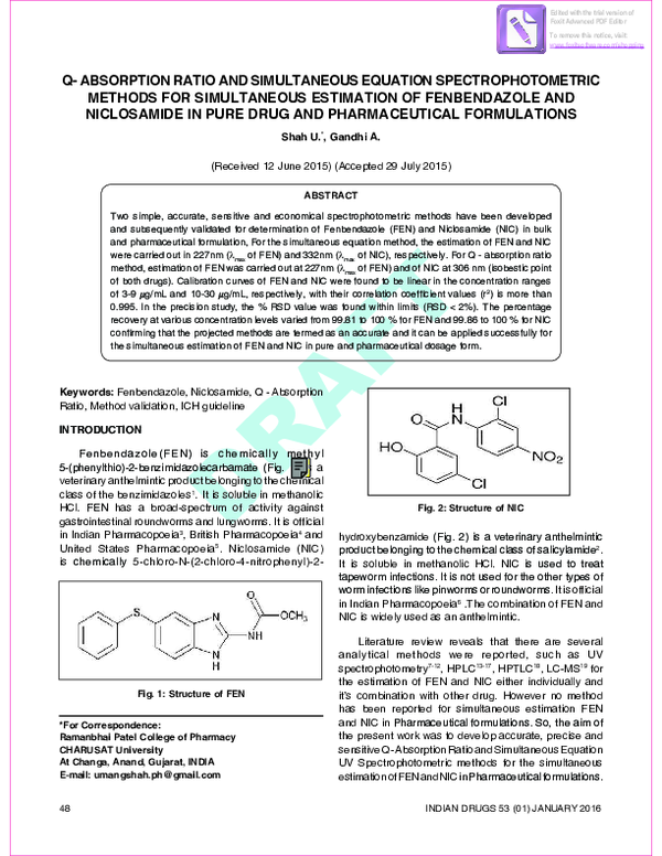 Pdf Q Absorption Ratio And Simultaneous Equation Spectrophotometric Methods For Simultaneous