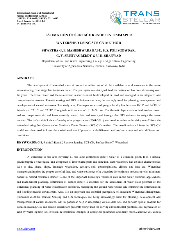 ESTIMATION OF SURFACE RUNOFF IN TIMMAPUR WATERSHED USING SCS-CN METHOD