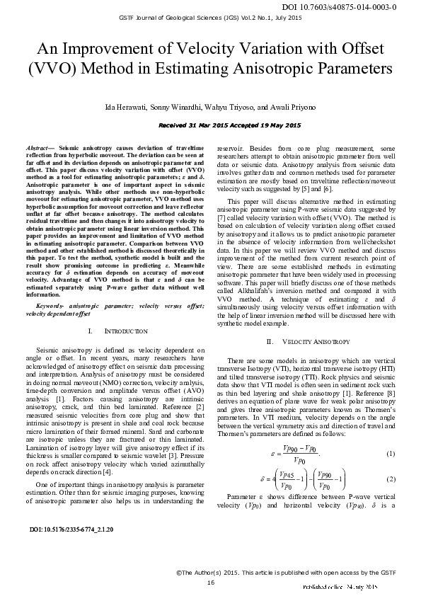 (PDF) An Improvement of Velocity Variation with Offset (VVO) Method in Estimating Anisotropic ...
