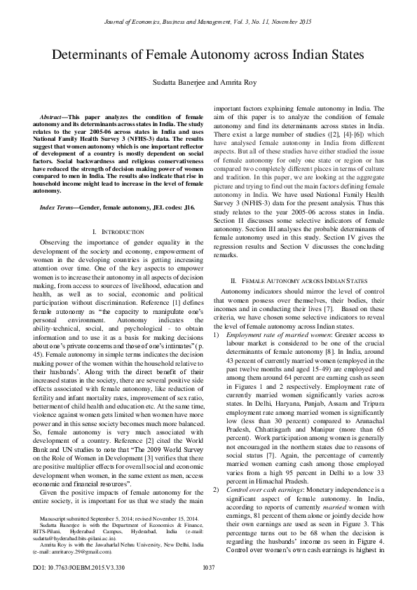 (PDF) Determinants of Female Autonomy across Indian States