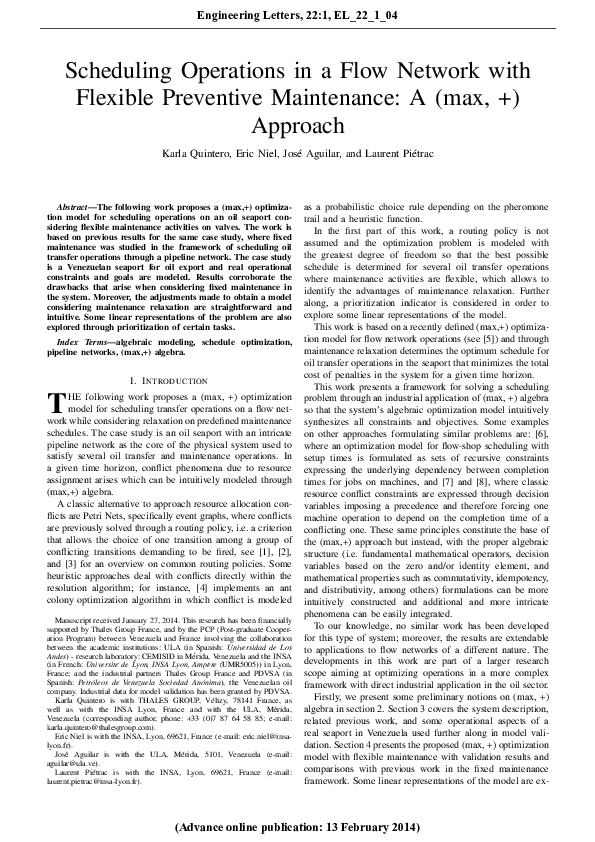 (PDF) Scheduling Operations in a Flow Network with Flexible Preventive ...