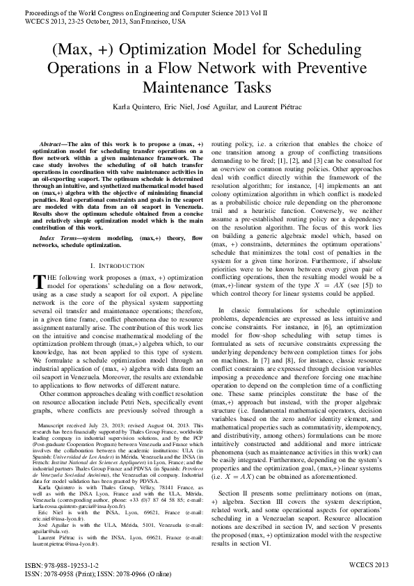 (PDF) (Max, +) Optimization Model for Scheduling Operations in a Flow ...