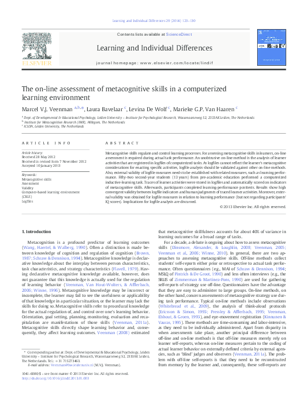 (PDF) Th eon-line assessment of metacognitive skills in a computerized environment
