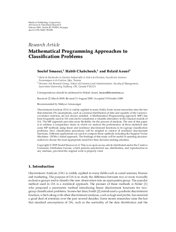 (PDF) Mathematical Programming Approaches to Classification Problems