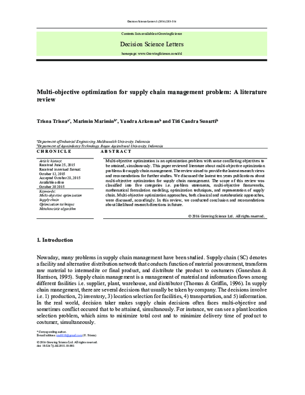 Pdf Multi Objective Optimization For Supply Chain Management Problem