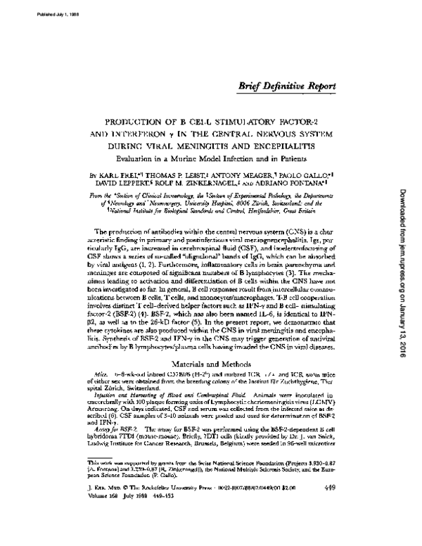 Pdf Production Of B Cell Stimulatory Factor2 And Interferon Y In The Central Nervous System
