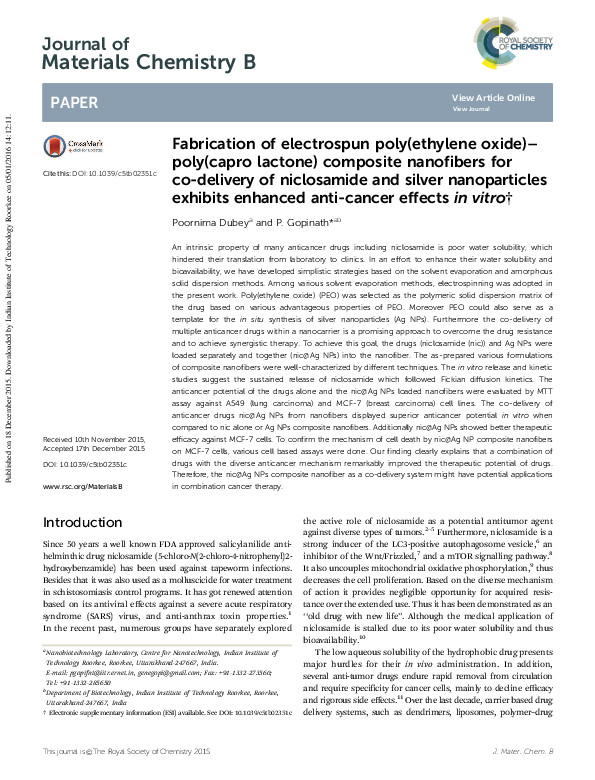 (PDF) Fabrication of electrospun poly(ethylene oxide)– poly(capro lactone) composite nanofibers ...