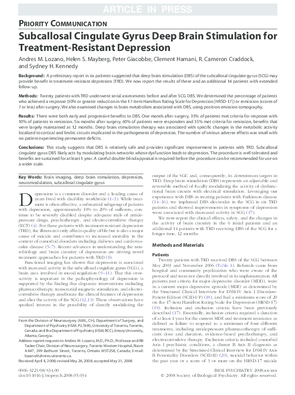 (PDF) Subcallosal Cingulate Gyrus Deep Brain Stimulation for Treatment ...