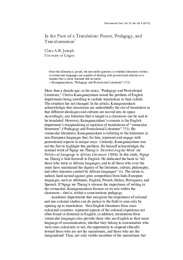 (PDF) In the Face of a Translation: Power, Pedagogy, and Transformation