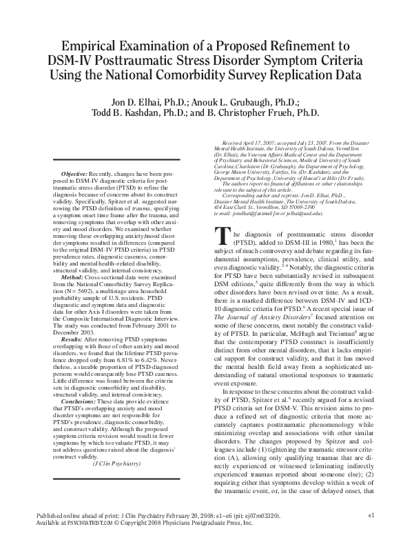 (PDF) Empirical Examination of a Proposed Refinement to DSM-IV Posttraumatic Stress Disorder ...