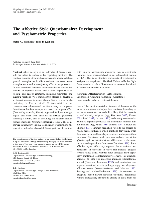 (PDF) The Affective Style Questionnaire: Development and Psychometric ...