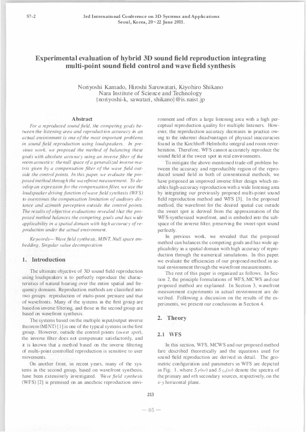 Pdf Experimental Evaluation Of Hybrid 3d Sound Field Reproduction Integrating Multi Point 