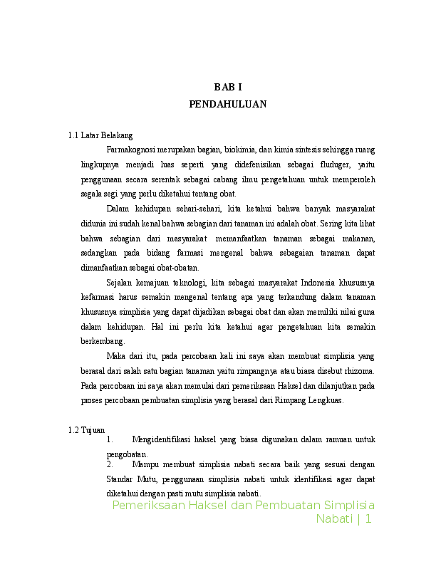 (DOC) Pemeriksaan Haksel dan Pembuatan Simplisia Nabati Lengkuas