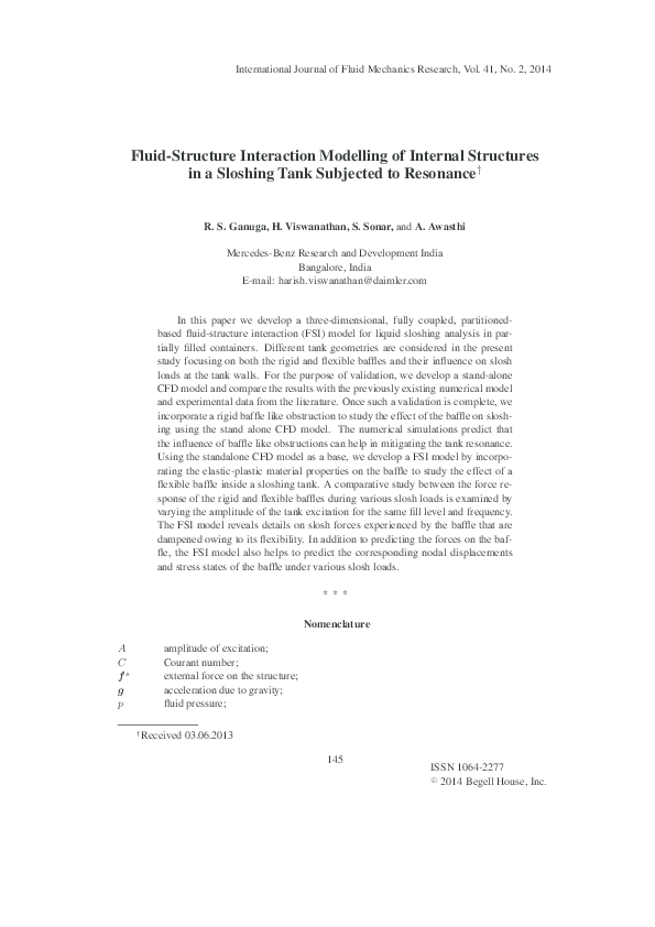 (PDF) Fluid-Structure Interaction Modelling of Internal Structures in a Sloshing Tank Subjected ...
