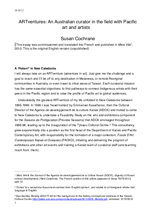 (PDF) ARTventures: An Australian curator in the field with Pacific artists