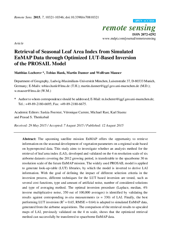 (PDF) Retrieval of Seasonal Leaf Area Index from Simulated EnMAP Data through Optimized LUT ...