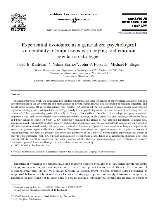 (PDF) Experiential avoidance as a generalized psychological ...