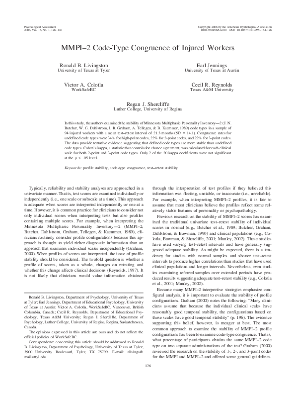 (PDF) MMPI--2 Code-Type Congruence of Injured Workers