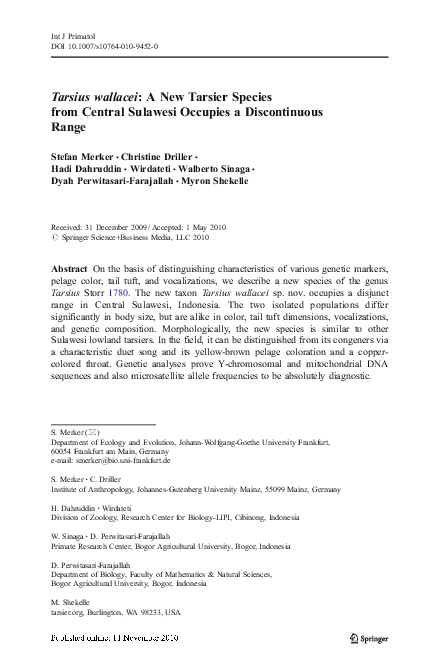 (PDF) Tarsius wallacei: A New Tarsier Species from Central Sulawesi ...