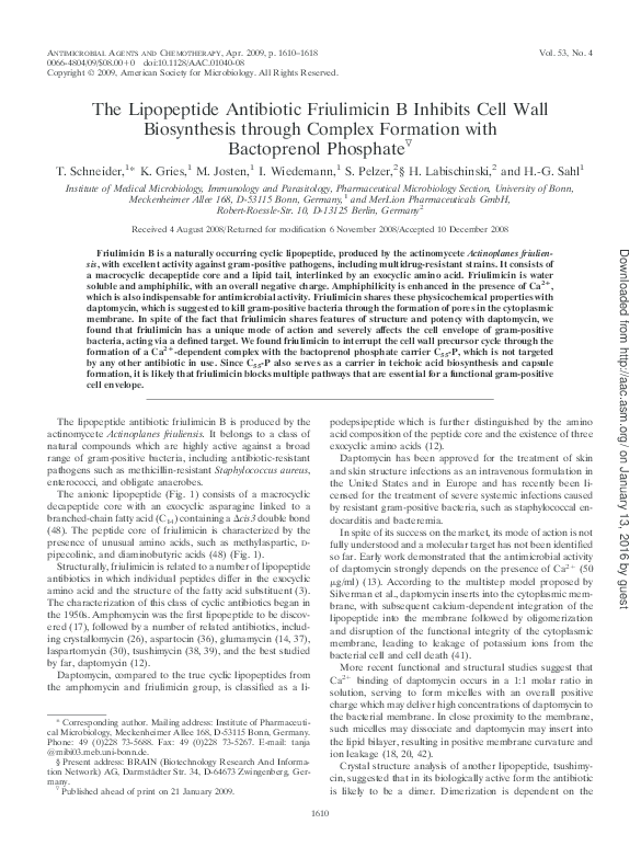 (PDF) The Lipopeptide Antibiotic Friulimicin B Inhibits Cell Wall ...