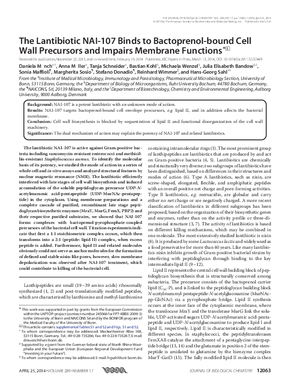 (PDF) The Lantibiotic NAI-107 Binds to Bactoprenol-bound Cell Wall ...