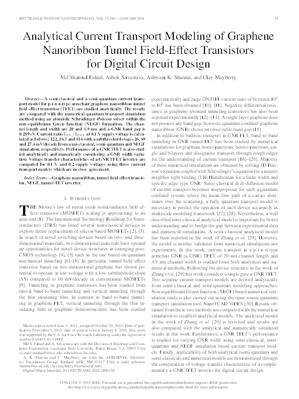 Pdf Analytical Current Transport Modeling Of Graphene Nanoribbon