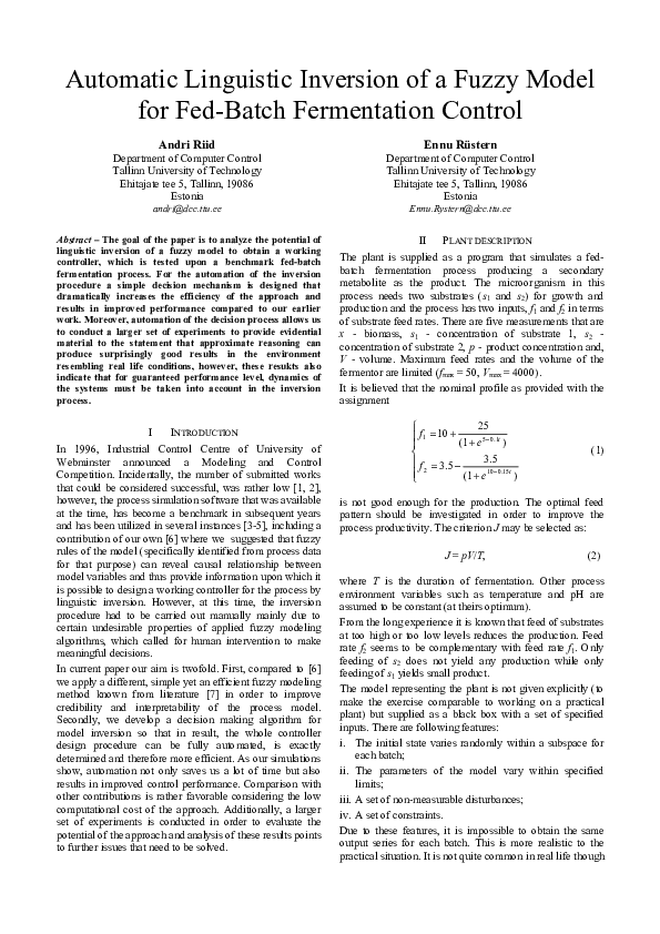 (PDF) Automatic Linguistic Inversion of a Fuzzy Model for Fed-Batch Fermentation Control