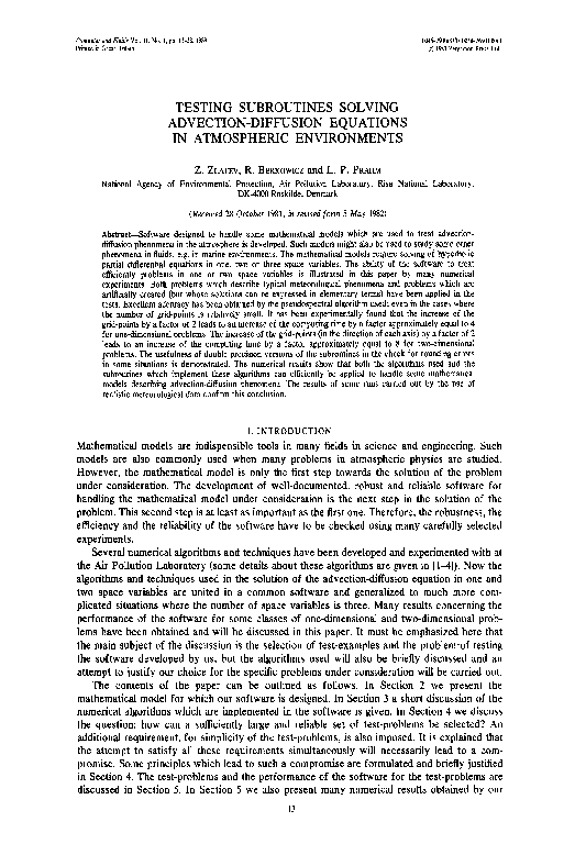 Pdf Testing Subroutines Solving Advection Diffusion Equations In Atmospheric Environments