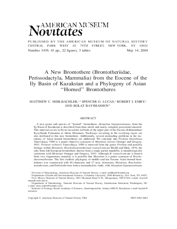 (PDF) A New Brontothere (Brontotheriidae, Perissodactyla, Mammalia ...