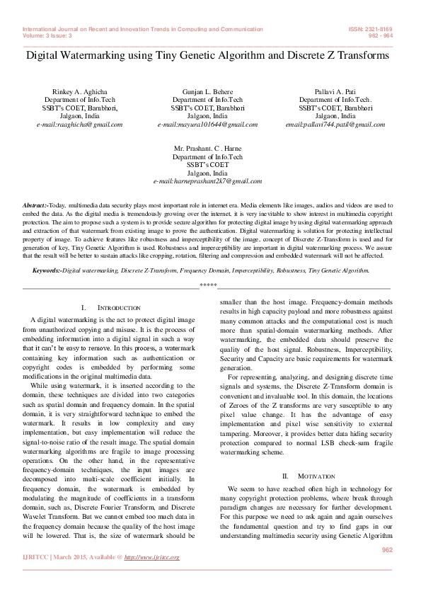 Pdf Digital Watermarking Using Tiny Genetic Algorithm And Discrete Z Transforms