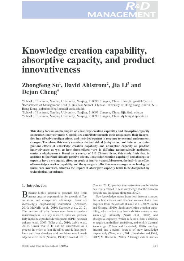 (PDF) Knowledge creation capability, absorptive capacity, and product innovativeness